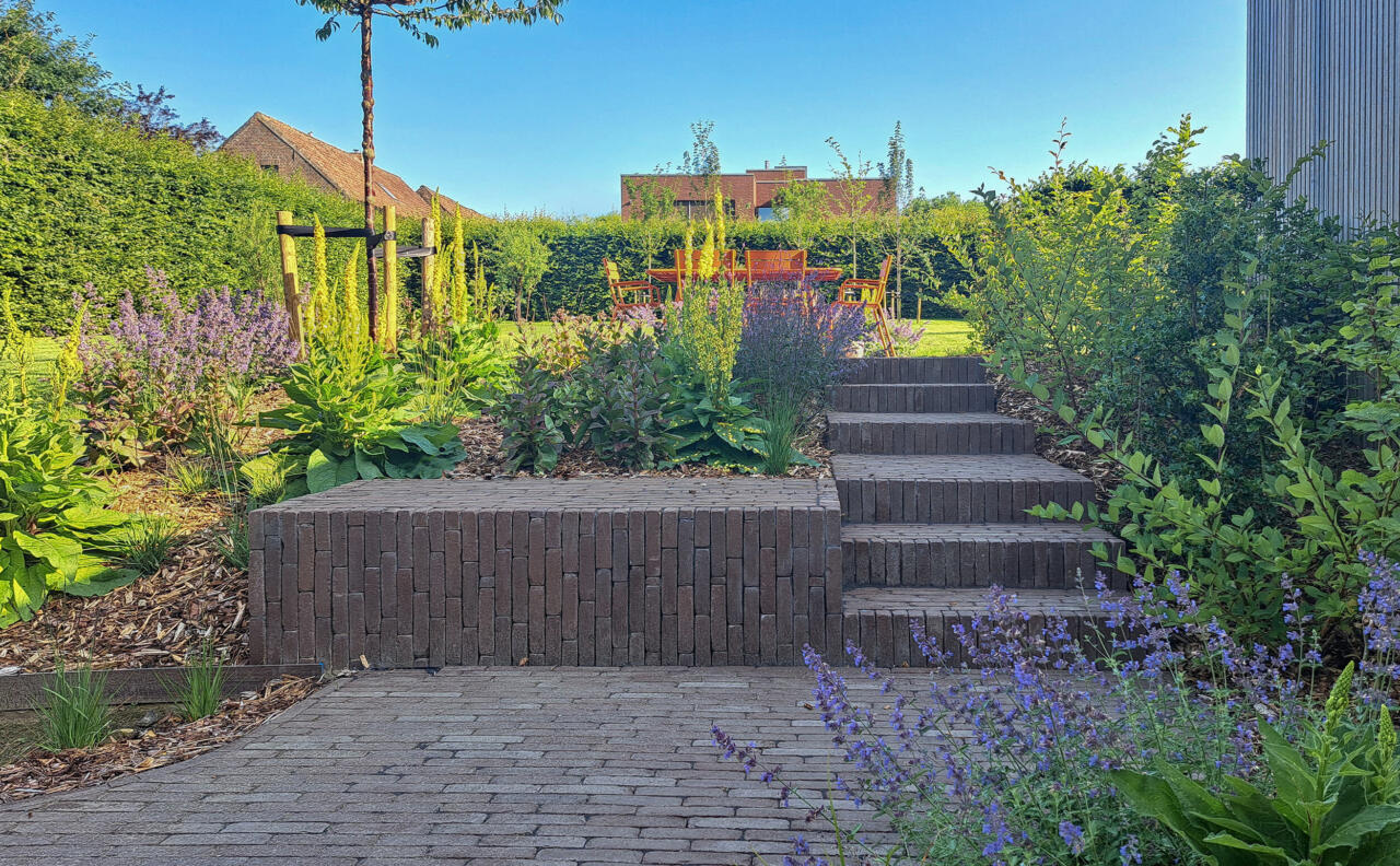 Hellende tuin met wadi voor waterinfiltratie | Greenarchitects